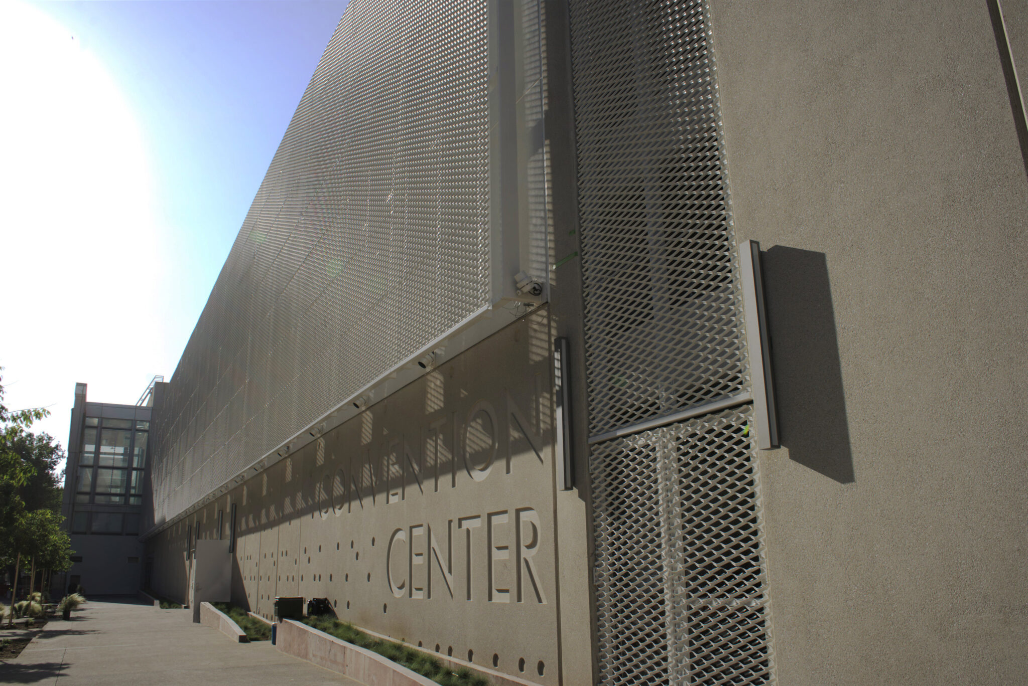 Convention Center Glass Façade with Expanded Mesh Sunshade and Glare ...